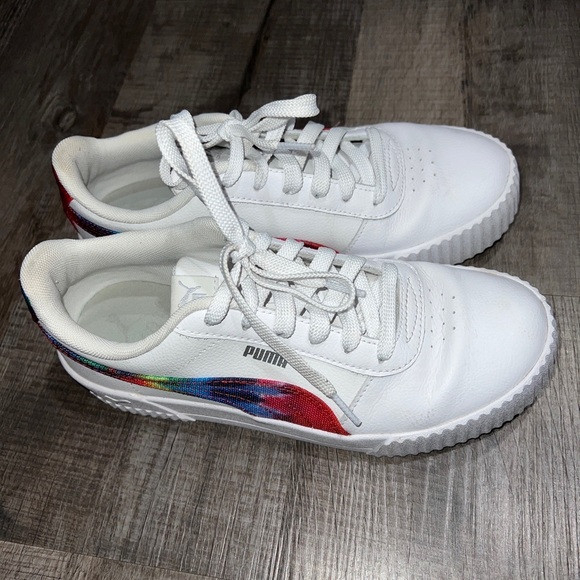 Puma | Shoes | Puma Carina White Leather Rainbow Stripe Soft Foam ...